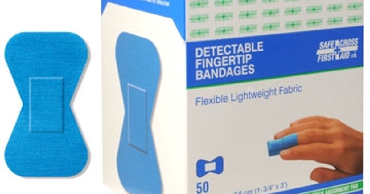 Metal Detectable Fabric Bandages. Fingertip Large, 4.4 cm x 7.6 cm (1